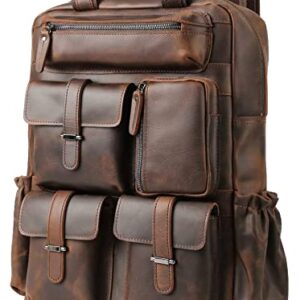 Masa Kawa Genuine Leather Backpack for Men Vintage 15.6 Inch Laptop Bag Multi Pockets Rucksack Casual Travel Daypack Brown