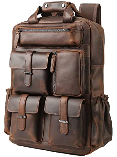 Masa Kawa Genuine Leather Backpack for Men Vintage 15.6 Inch Laptop Bag Multi Pockets Rucksack Casual Travel Daypack Brown