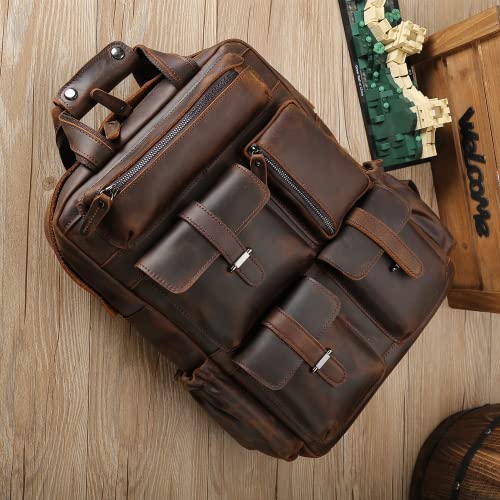 Masa Kawa Genuine Leather Backpack for Men Vintage 15.6 Inch Laptop Bag Multi Pockets Rucksack Casual Travel Daypack Brown