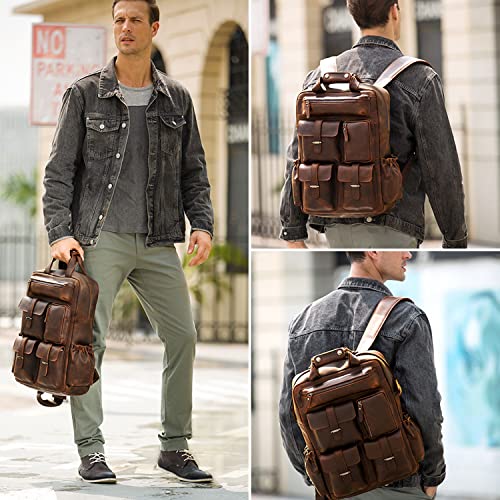 Masa Kawa Genuine Leather Backpack for Men Vintage 15.6 Inch Laptop Bag Multi Pockets Rucksack Casual Travel Daypack Brown