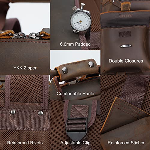 Masa Kawa Genuine Leather Backpack for Men Vintage 15.6 Inch Laptop Bag Multi Pockets Rucksack Casual Travel Daypack Brown