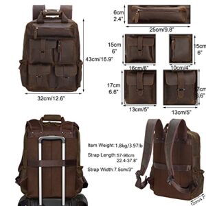 Masa Kawa Genuine Leather Backpack for Men Vintage 15.6 Inch Laptop Bag Multi Pockets Rucksack Casual Travel Daypack Brown