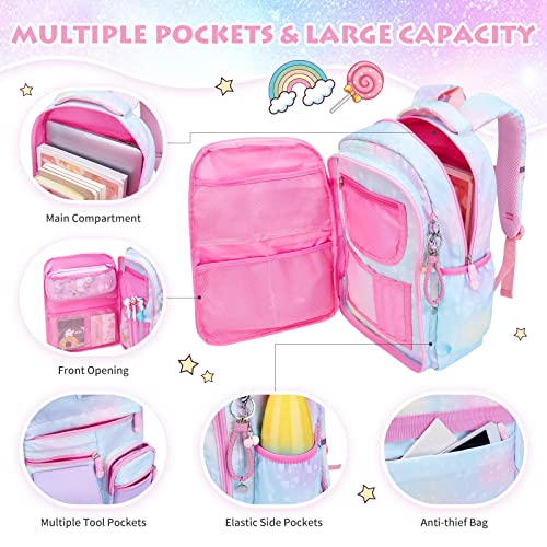 Girls Backpack, School Backpacks 16*11.5*7.5in for Girls, Cute Book Bag with Compartments for Teen Girl Kid Students Elementary Middle School, Kids' School Bag, Blue