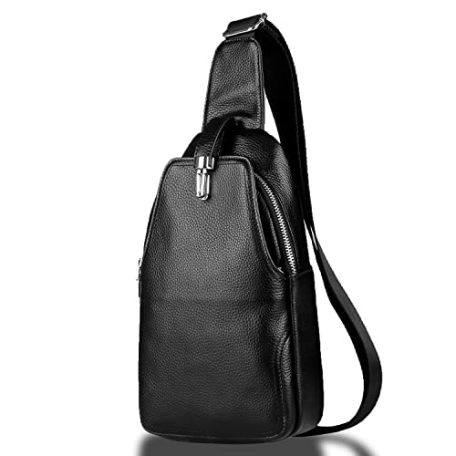 DK86 Leather Sling Backpack Chest Crossbody Shoulder Bag Travel Daypack for Men and Women - Black 1