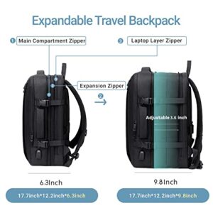 Travel Laptop Backpack, Extra Large 25-40L Expandable Carry On Backpack for Women Men with USB Charging Port, Water Resistant Luggage Computer Backpacks Bag Fits 17.3 Inch Laptop and Notebook, Black