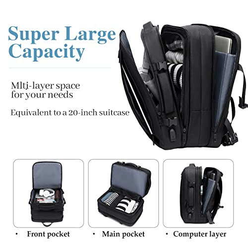 Travel Laptop Backpack, Extra Large 25-40L Expandable Carry On Backpack for Women Men with USB Charging Port, Water Resistant Luggage Computer Backpacks Bag Fits 17.3 Inch Laptop and Notebook, Black