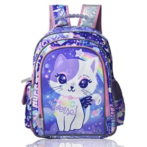 girls backpack 16 inch kids backpacks for girls cute cat backpack for girls kawaii light purple backpack for preschool elementary kindergarten large capacity