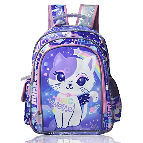 Girls Backpack 16 Inch Kids Backpacks for Girls Cute Cat Backpack for Girls Kawaii Light Purple Backpack for Preschool Elementary Kindergarten Large Capacity