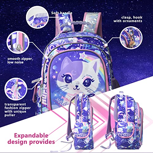 Girls Backpack 16 Inch Kids Backpacks for Girls Cute Cat Backpack for Girls Kawaii Light Purple Backpack for Preschool Elementary Kindergarten Large Capacity