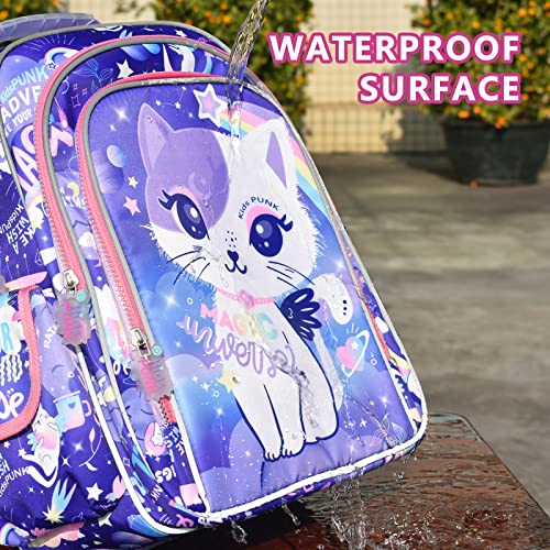 Girls Backpack 16 Inch Kids Backpacks for Girls Cute Cat Backpack for Girls Kawaii Light Purple Backpack for Preschool Elementary Kindergarten Large Capacity