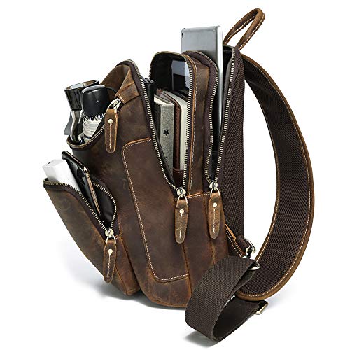 LANNSYNE Vintage Full Grain Leather Sling Bag Crossbody Chest Daypack