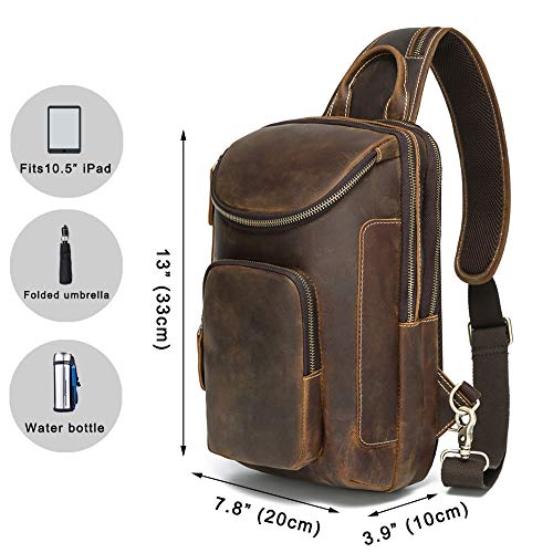 LANNSYNE Vintage Full Grain Leather Sling Bag Crossbody Chest Daypack