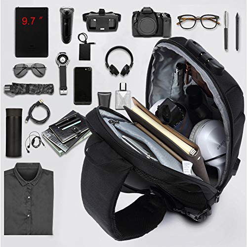 Sling Bag for Men Shoulder Crossbody Backpack Waterproof Sling Backpack with USB Charging Port Anti Theft Chest Pack Bag Casual Daypack Fit 9.7 Inch Ipad (Black)