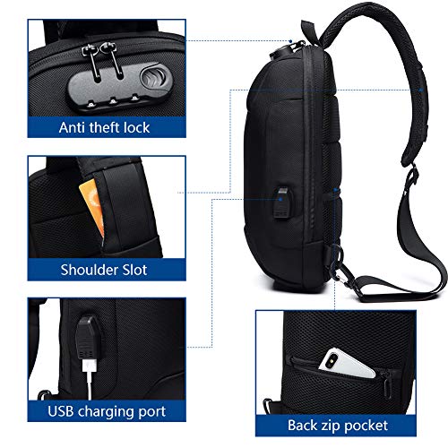 Sling Bag for Men Shoulder Crossbody Backpack Waterproof Sling Backpack with USB Charging Port Anti Theft Chest Pack Bag Casual Daypack Fit 9.7 Inch Ipad (Black)