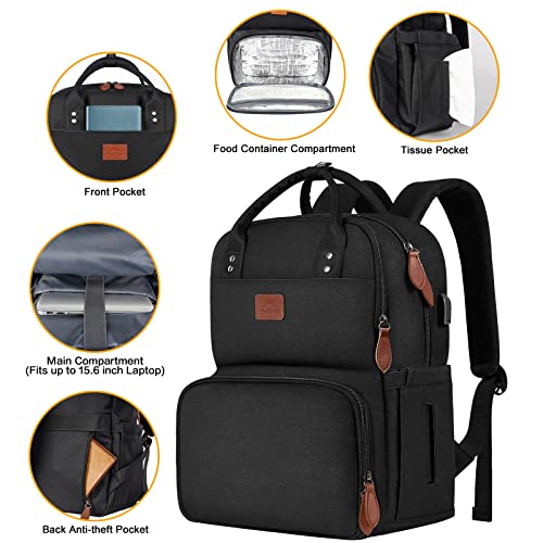 Lunch Backpack for Women, Insulated Cooler Backpacks with USB Port, 15.6 inch College School Laptop Bookbag Reusable Water Resistant Tote Food Bag for Work Beach Camping Picnics Hiking Womens Gift