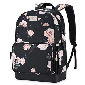 mosiso 15.6-16 inch laptop backpack for women girls, polyester anti-theft stylish casual daypack bag with luggage strap & usb charging port, camellia travel business college school bookbag, black