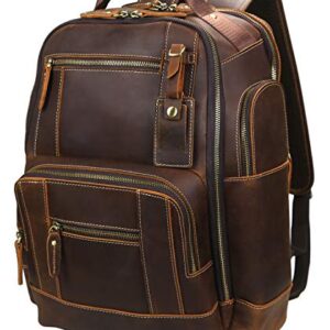 LANNSYNE Men's Vintage Full Grain Leather 15.6 Inch Laptop Backpack Camping Travel 24L Rucksack