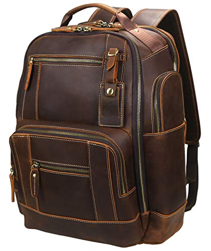 LANNSYNE Men's Vintage Full Grain Leather 15.6 Inch Laptop Backpack Camping Travel 24L Rucksack