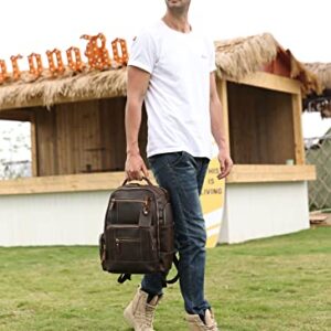 LANNSYNE Men's Vintage Full Grain Leather 15.6 Inch Laptop Backpack Camping Travel 24L Rucksack