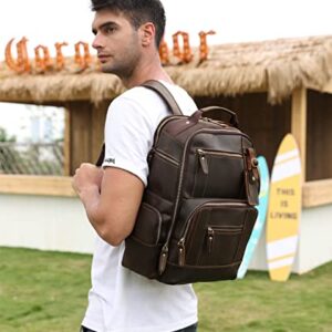 LANNSYNE Men's Vintage Full Grain Leather 15.6 Inch Laptop Backpack Camping Travel 24L Rucksack