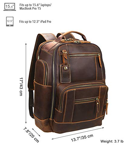 LANNSYNE Men's Vintage Full Grain Leather 15.6 Inch Laptop Backpack Camping Travel 24L Rucksack