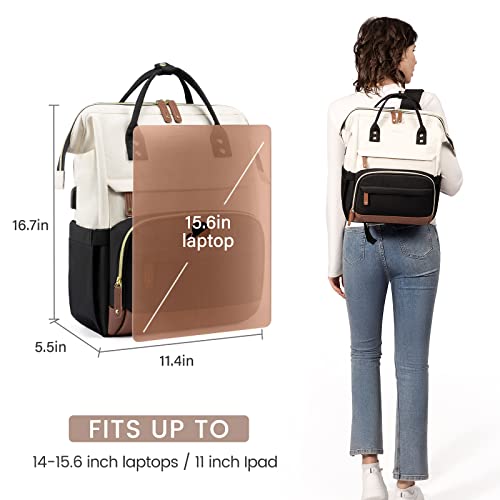 LOVEVOOK Laptop Backpack for Women, 15.6 Inch Work Business Backpacks Purse with USB Port, Large Capacity Teacher Nurse Bag College Bookbag, Waterproof Casual Daypack for Travel,Black-White-Brown