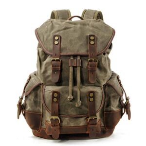 wudon men travel backpack, genuine leather-waxed canvas shoulder hiking rucksack (green)