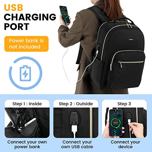 AMYGEM Laptop Backpack Travel Backpack for women, Water Resistant School Book Bag Computer Back Pack with USB Charging Port for Teacher Nurse, Fits for 15.6 Inch Laptop, Black