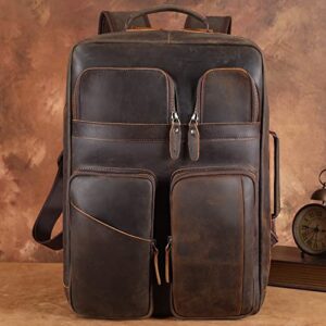 TIDING 17.3" Vintage Leather Laptop Backpack for Men Multi Pockets Casual School Daypack Travel Rucksack