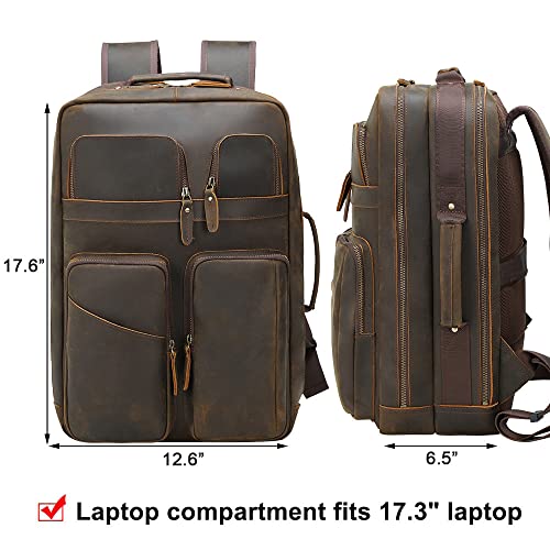 TIDING 17.3" Vintage Leather Laptop Backpack for Men Multi Pockets Casual School Daypack Travel Rucksack