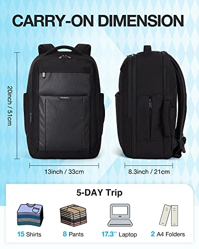 Travel Backpack for Men, BAGSMART 35L Carry On Backpack Flight Approved for Weekend Trip, Women/Mens Laptop Backpack for Work Commuter School with 17.3 inch Laptop Compartment & Water-resistant, Black