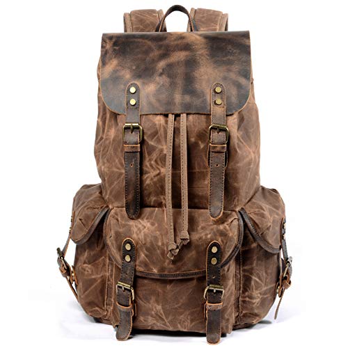 WUDON Leather Backpack for Men, Waxed Canvas Shoulder Rucksack for Travel School (Coffee-Oversize, Oversize)