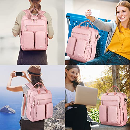 Mancro Travel Backpack for Women, 15.6 Inch Travel Laptop Backpack with USB Charging Port, Large School Backpacks for Girls, College Gifts Laptop Bookbag Teacher Backpacks, Pink