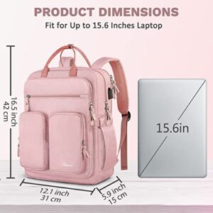 Mancro Travel Backpack for Women, 15.6 Inch Travel Laptop Backpack with USB Charging Port, Large School Backpacks for Girls, College Gifts Laptop Bookbag Teacher Backpacks, Pink