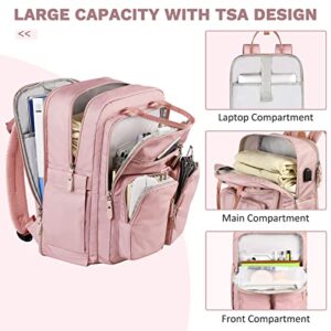 Mancro Travel Backpack for Women, 15.6 Inch Travel Laptop Backpack with USB Charging Port, Large School Backpacks for Girls, College Gifts Laptop Bookbag Teacher Backpacks, Pink