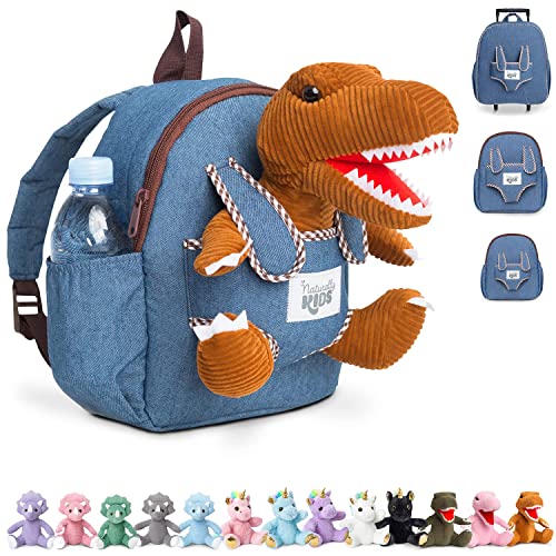 Naturally KIDS Small Dinosaur Backpack - Dinosaur Toys for Kids 3-5 - Toddler Backpack for Boy Girl w Stuffed Animal - Gifts for 3 Year Old Boy - w Pockets & Reflective Logo - Backpack w Brown T Rex