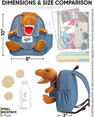 Naturally KIDS Small Dinosaur Backpack - Dinosaur Toys for Kids 3-5 - Toddler Backpack for Boy Girl w Stuffed Animal - Gifts for 3 Year Old Boy - w Pockets & Reflective Logo - Backpack w Brown T Rex