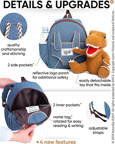 Naturally KIDS Small Dinosaur Backpack - Dinosaur Toys for Kids 3-5 - Toddler Backpack for Boy Girl w Stuffed Animal - Gifts for 3 Year Old Boy - w Pockets & Reflective Logo - Backpack w Brown T Rex