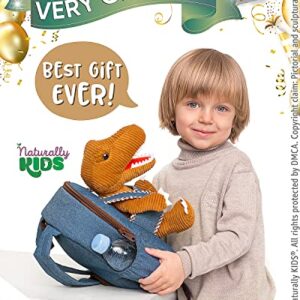 Naturally KIDS Small Dinosaur Backpack - Dinosaur Toys for Kids 3-5 - Toddler Backpack for Boy Girl w Stuffed Animal - Gifts for 3 Year Old Boy - w Pockets & Reflective Logo - Backpack w Brown T Rex