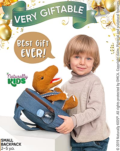 Naturally KIDS Small Dinosaur Backpack - Dinosaur Toys for Kids 3-5 - Toddler Backpack for Boy Girl w Stuffed Animal - Gifts for 3 Year Old Boy - w Pockets & Reflective Logo - Backpack w Brown T Rex