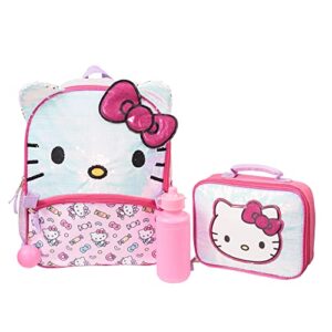 hello kitty girls & toddler 4 piece backpack set, iridescent flip sequin school bag with 3d features, front zip & side mesh side pockets, insulated lunch bag, water bottle, and squish ball dangle