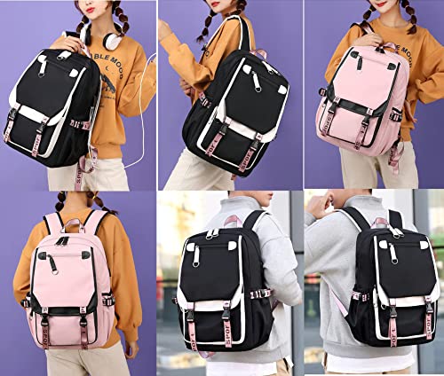 Rcuyyl Backpack Laptop bag School Bag Bookbag with Men Women USB Charging&Headphone Port Casual Daypack Outdoor Daypack (Black Pink,One Size)