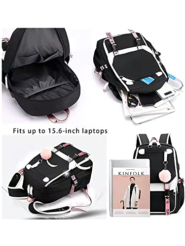 Rcuyyl Backpack Laptop bag School Bag Bookbag with Men Women USB Charging&Headphone Port Casual Daypack Outdoor Daypack (Black Pink,One Size)