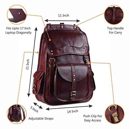 Handmade World Vintage Full Grain 21 Inch Leather Laptop LARGE Backpack Casual Bookbag Daypack Camping Travel Rucksack Knapsack