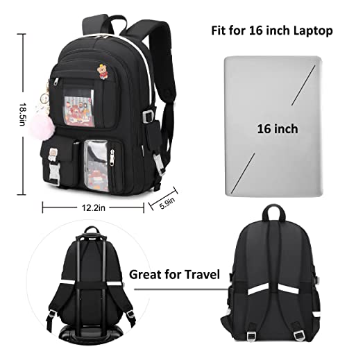 Laptop Backpacks 16 Inch School Bag College Backpack Large Travel Daypack Kawaii Bookbags for Teens Girls Women Students (Black)