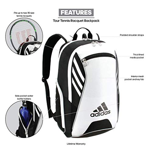 adidas Tour Tennis Racquet Backpack, Black/White/Silver Metallic, One Size