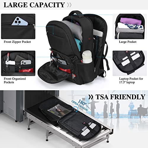 Laptop Backpack 17 Inch TSA Friendly Travel Carry On Backpack for Men Women Waterproof Work College Business School Bookbag 17.3 Inch Computer Bag with USB Charging Hole, Black