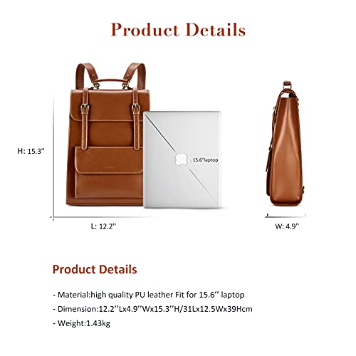 ECOSUSI Laptop Backpack for Women PU Leather Backpack Vintage for Laptop 15.6 inches School Bag College Bookbag, Brown