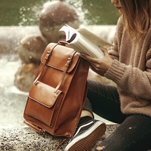 ECOSUSI Laptop Backpack for Women PU Leather Backpack Vintage for Laptop 15.6 inches School Bag College Bookbag, Brown