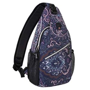 mosiso sling backpack,travel hiking daypack pattern rope crossbody shoulder bag, navy blue base totem texture